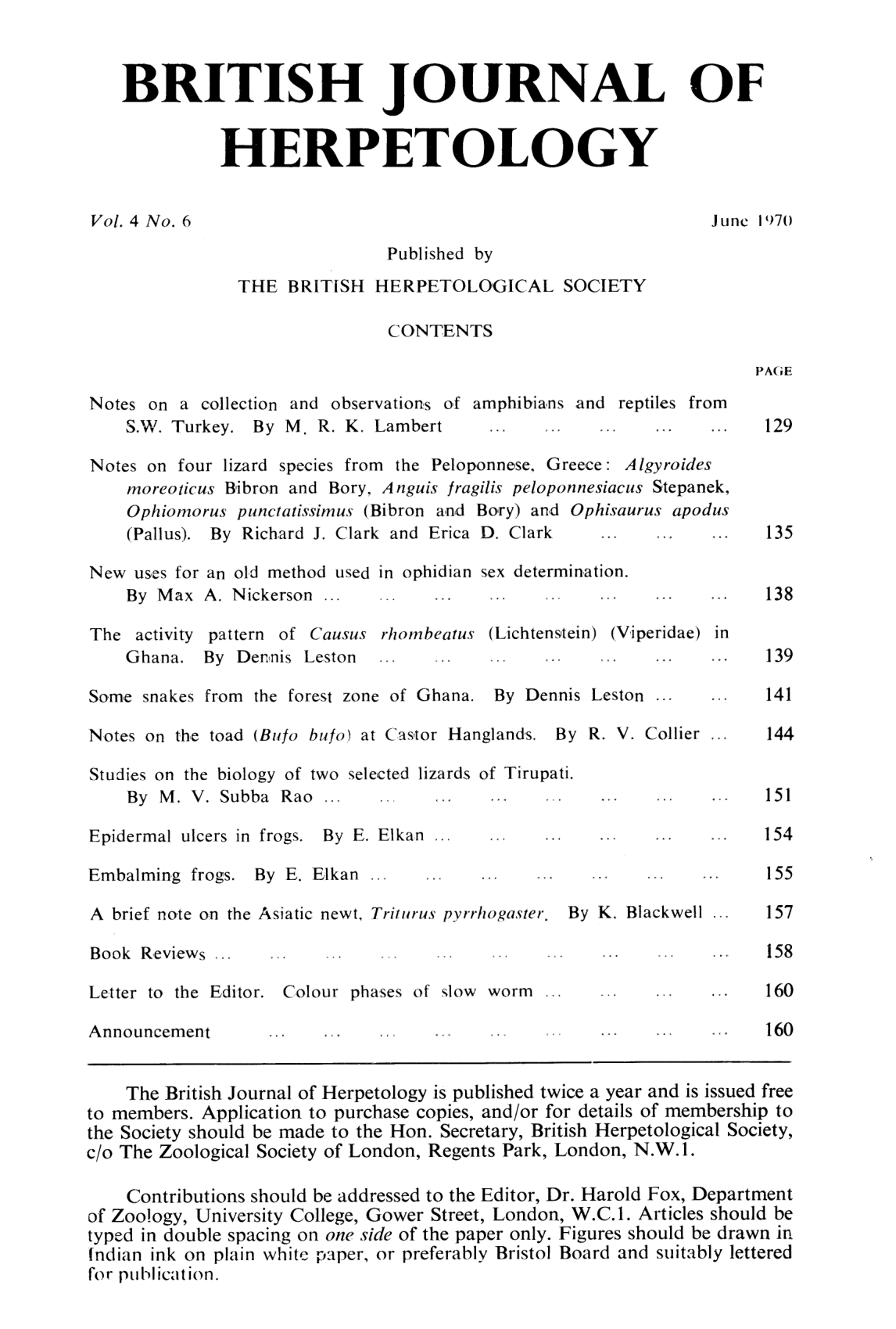 Volume 4, Number 6, June 1970 | British Herpetological Society